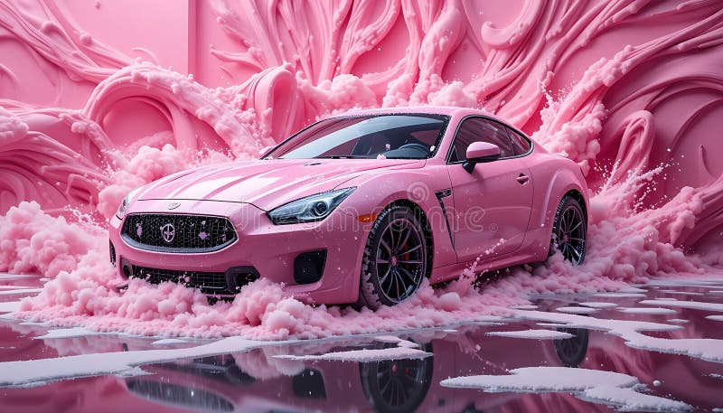 Pink Car Driving through a Pink Foam Environment on Water Surface Stock ...