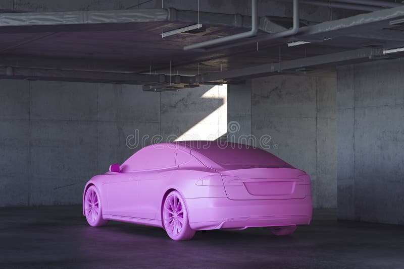 Pink Car Model in Concrete Interior. 3d Rendering. Stock Illustration ...
