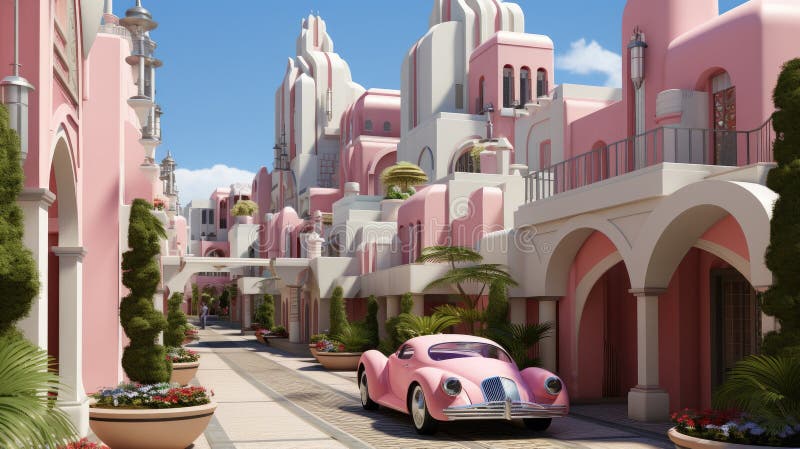 Pink Car Parked on the Side of a City Street, AI-generated. Stock ...