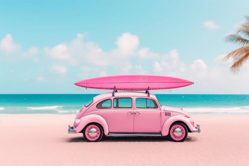 Pink Car with Surfboard. Illustration AI Generative Stock Illustration ...