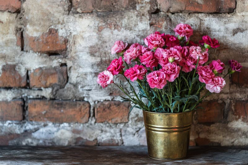Pink Carnations in a Brass Container Against a Brick Wall Stock Photo ...
