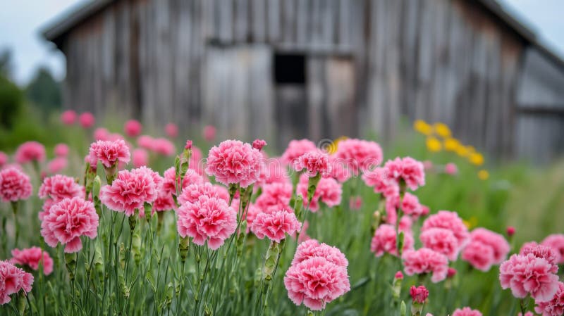 Pink Carnations in a Garden with a Blurred Wooden Barn Background Stock ...