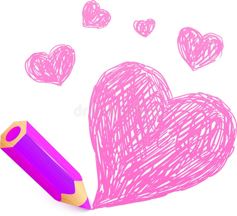 Pink Cartoon Pencil with Doodle Heart Stock Vector - Illustration of ...