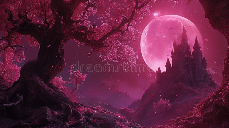 Pink Castle with Cherry Branches and Moon Stock Illustration ...
