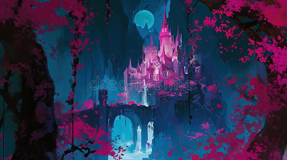 Pink Castle with Cherry Branches and Moon Stock Illustration ...