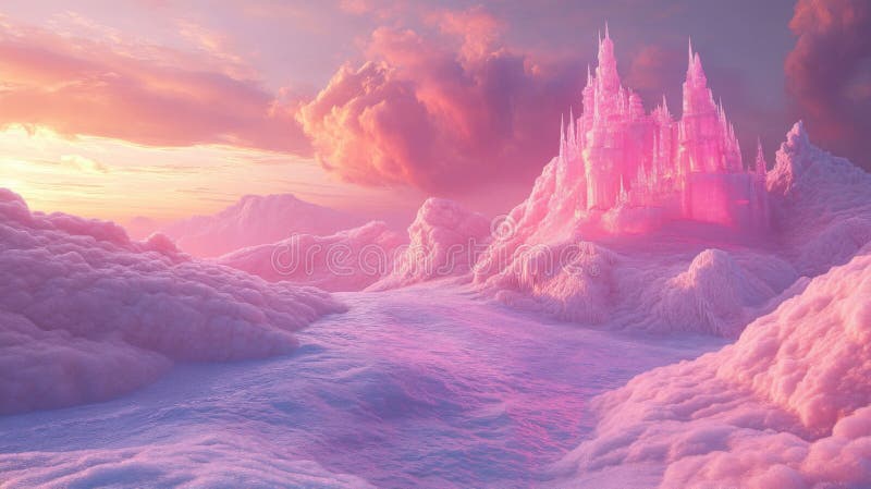 Pink Castle on Cloud Mountains at Sunset Stock Illustration ...