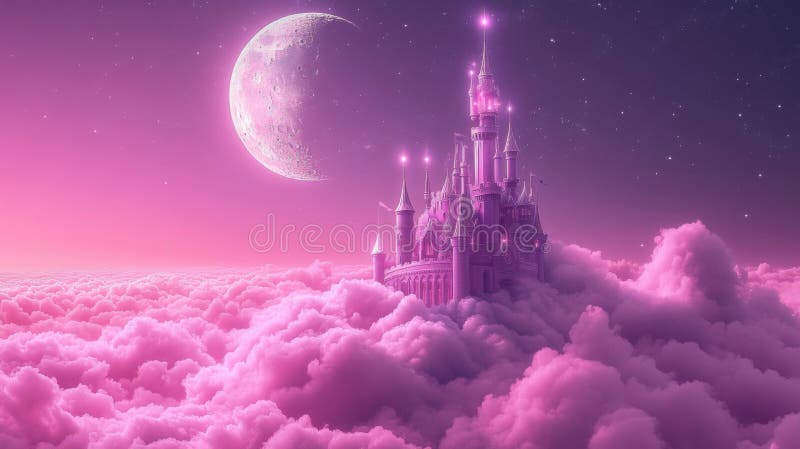 Pink Castle on Clouds Under a Pink Night Sky Stock Illustration ...