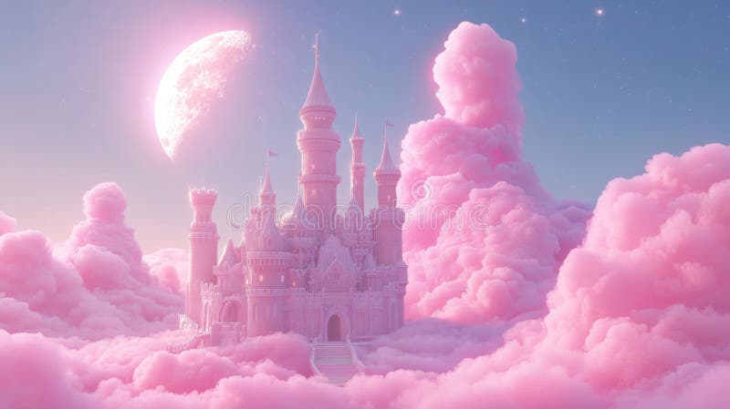 Pink Castle in Fluffy Pink Clouds and Crescent Moon Stock Illustration ...