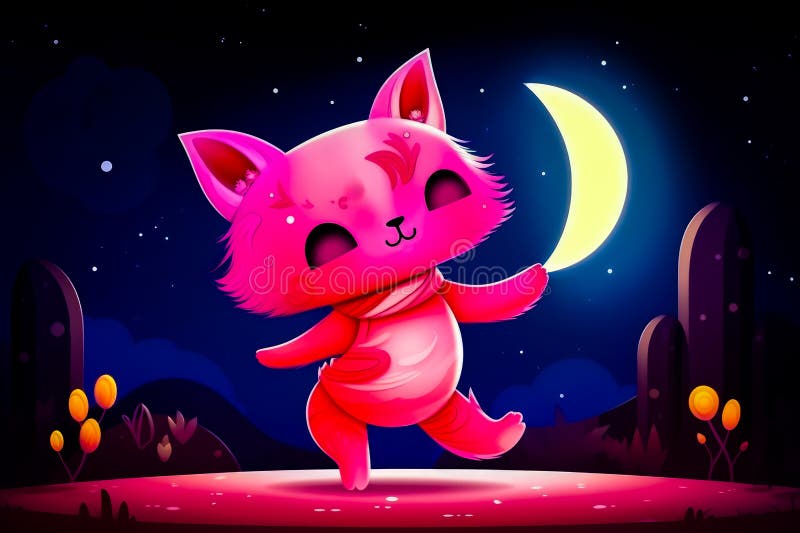 Pink Cat is Dancing on Stage with the Moon in the Background Stock ...