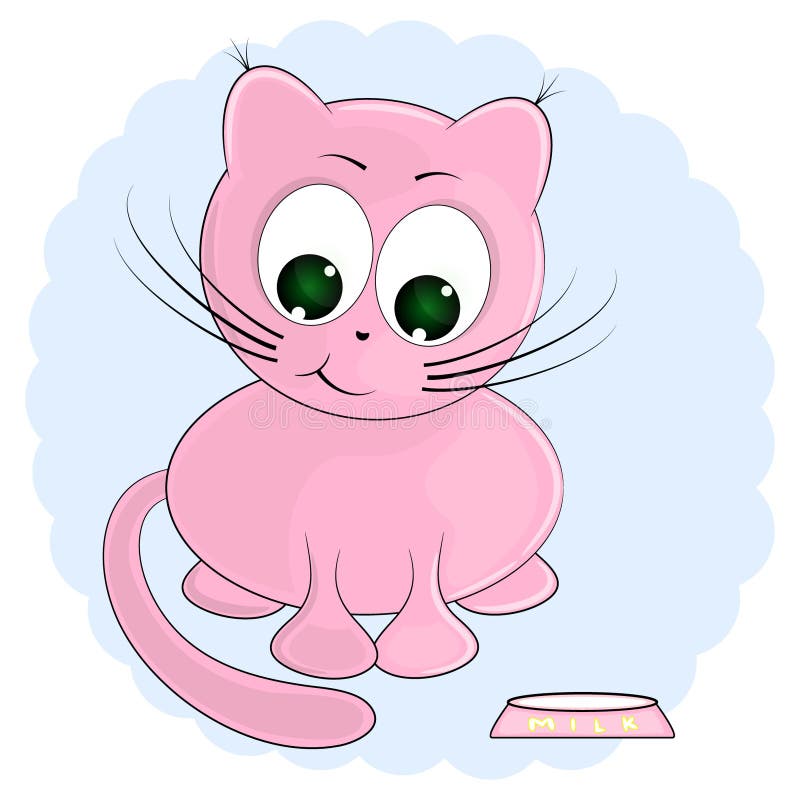 Pink Cat and Milk. Cartoon Vector Illustration. Stock Vector ...