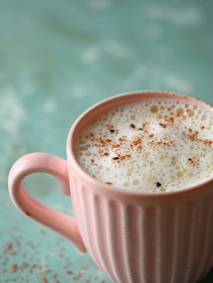 A Pink Ceramic Mug Filled with Frothy Coffee, Topped with Specks. Stock ...