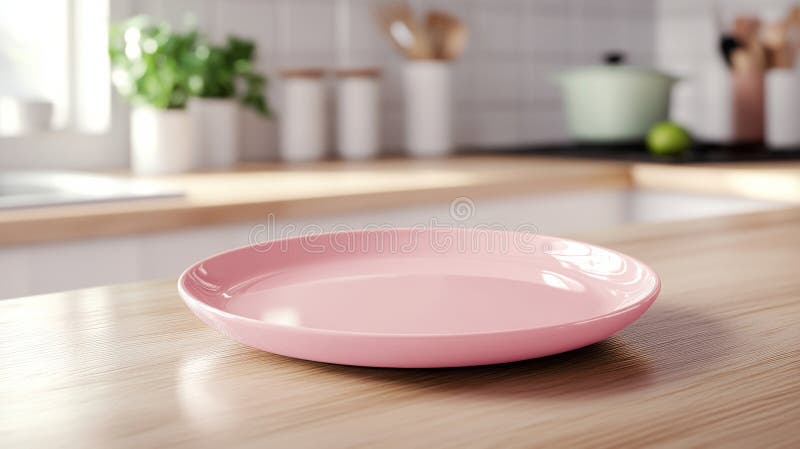 Pink Ceramic Plate on Wooden Kitchen Countertop Stock Image - Image of ...