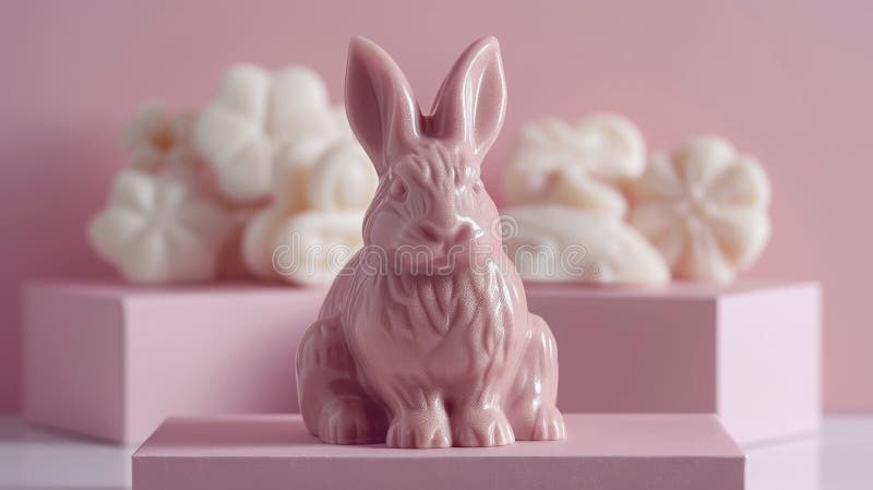 Pink Ceramic Rabbit Figurine on Pink Steps with White Flowers. Stock ...