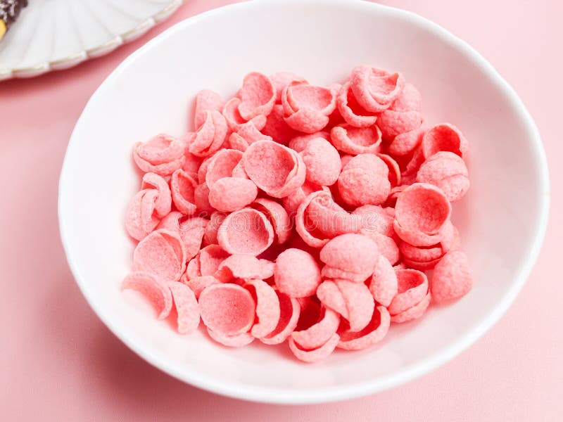 Pink Cereal with Strawberry Flavour in White Bowl Stock Photo - Image ...