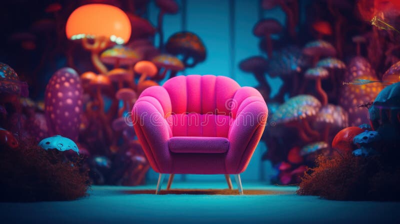 A Pink Chair Sits in Front of a Mushroom Forest, AI Stock Photo - Image ...