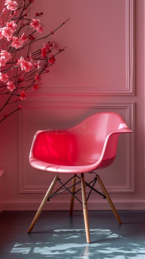 A Pink Chair Sitting in Front of a Wall with Flowers, AI Stock ...