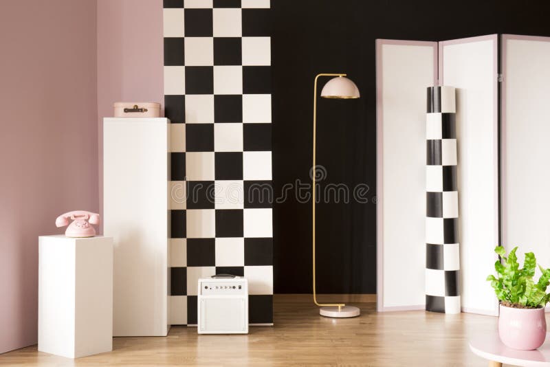 Pink and Checkerboard Studio Interior Stock Image - Image of home ...