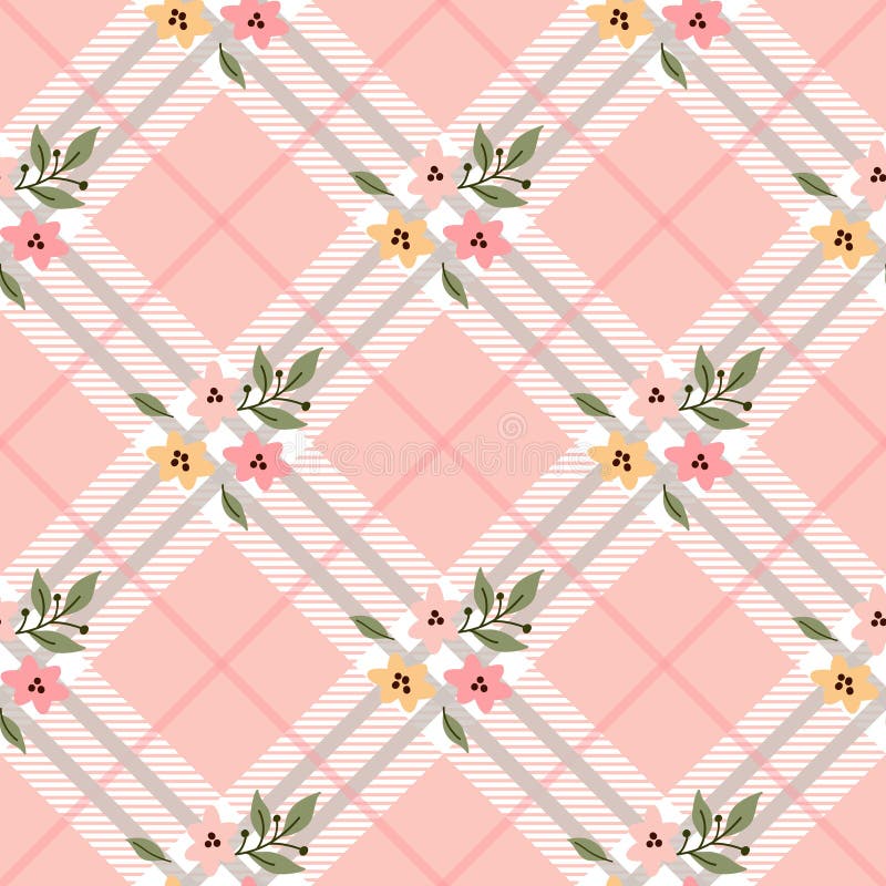 A Pink Checkered Seamless Pattern with Flower and Leaves Stock Vector ...