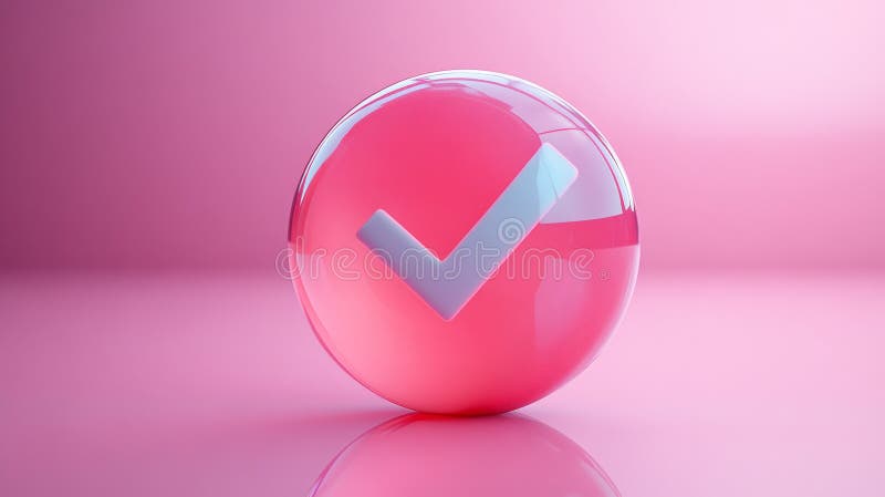 Pink Checkmark Sphere on Reflective Surface, Digital Art. Concept of ...