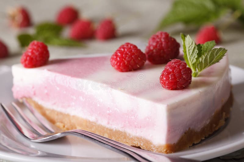 Pink Cheesecake with Raspberries Close-up on a Plate. Horizontal Stock ...