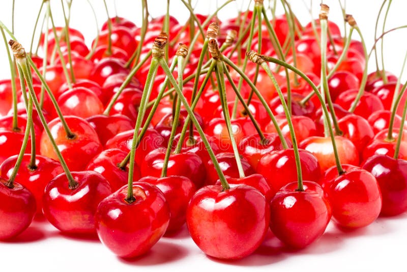 Pink Cherries in a Wicker Basket Isolated on White Background Stock ...