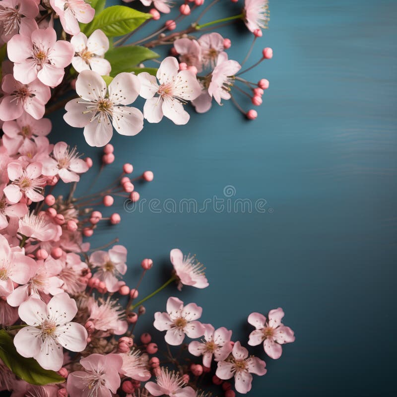 Pink Cherry Blossom on Blue Background with Copy Space. Welcome Spring ...