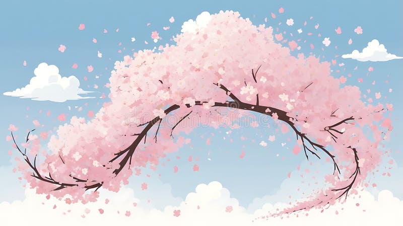 Pink Cherry Blossom Branch Arcing Across a Blue Sky with Falling Petals ...