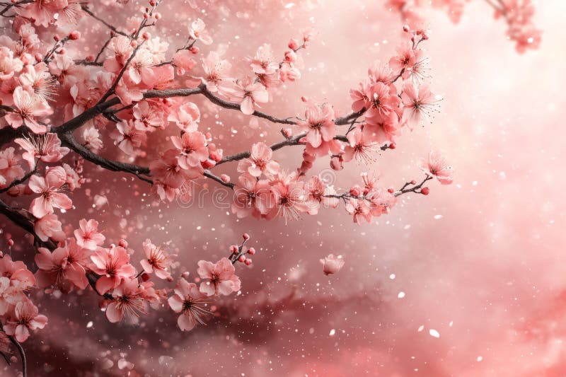 Pink Cherry Blossom Branches Blooming in Spring with Falling Petals ...