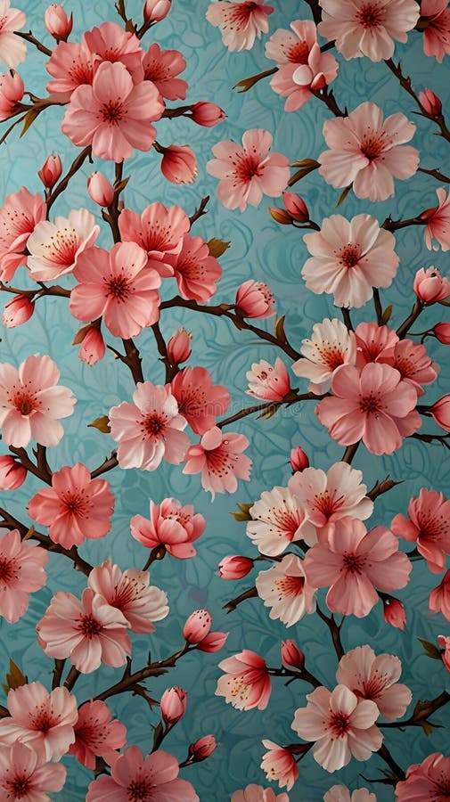 Pink Cherry Blossom Floral Flower Pattern Blue Background Stock ...