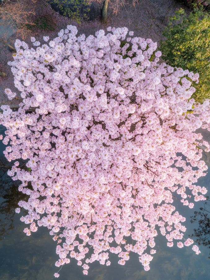 Pink Cherry Blossom Grove by Water Stock Photo - Image of nature ...