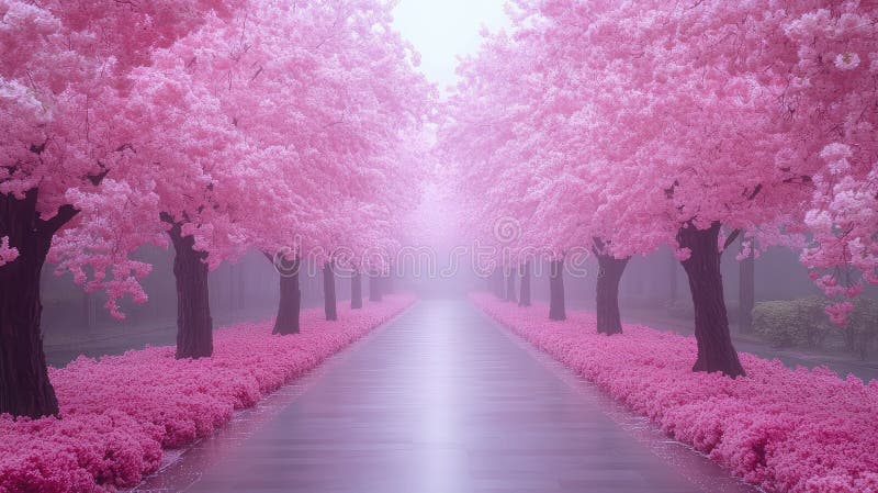 Pink Cherry Blossom Lined Road in Mist Stock Illustration ...