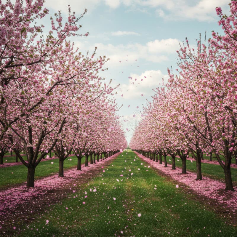Pink Cherry Blossom Orchard in Springtime Stock Illustration ...