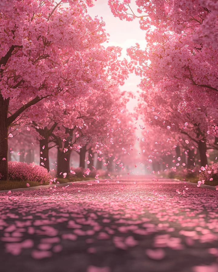 Pink Cherry Blossom Petals Fall on a Path. Stock Photo - Image of ...