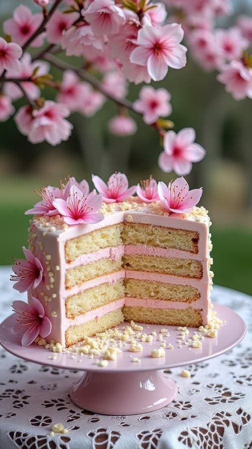 Pink Cherry Blossom Themed Layer Cake with Flowers Stock Image - Image ...