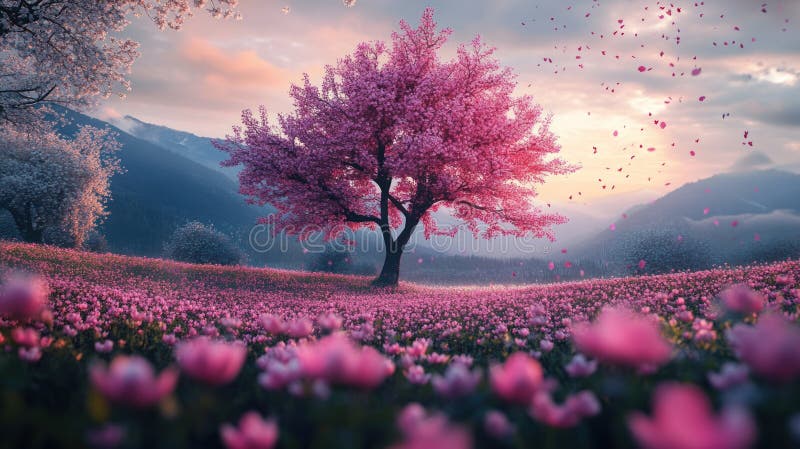 Pink Cherry Blossom Tree in a Field of Flowers at Sunset Stock ...