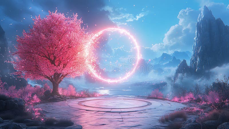 Pink Cherry Blossom Tree, Glowing Ring, Fantasy Landscape Stock ...