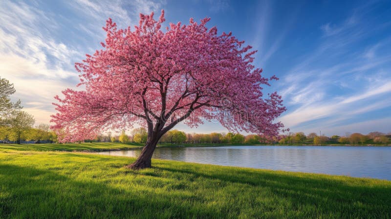 Pink Cherry Blossom Tree by a Lake at Sunset Stock Illustration ...