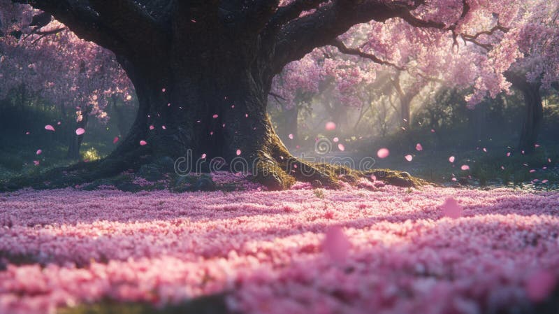 Pink Cherry Blossom Tree in Magical Forest Stock Illustration ...