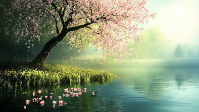 Pink Cherry Blossom Tree by a Misty Lake Stock Illustration ...