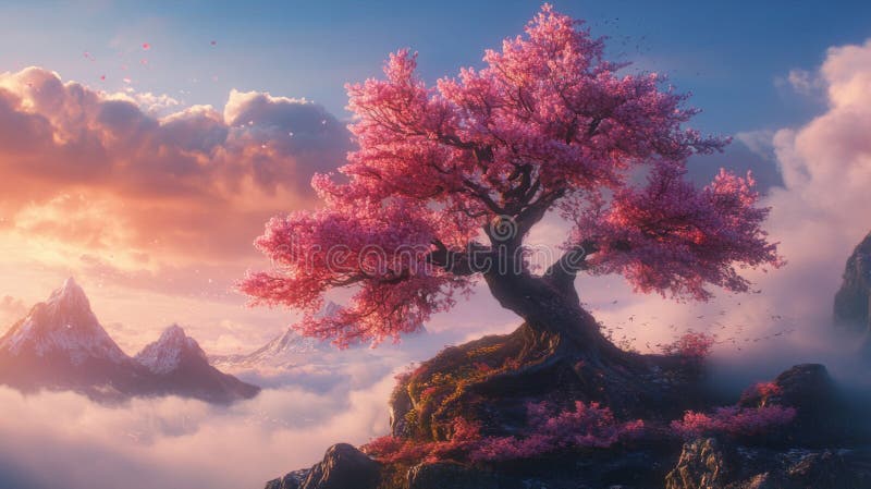 Pink Cherry Blossom Tree on Mountaintop at Sunset Stock Illustration ...