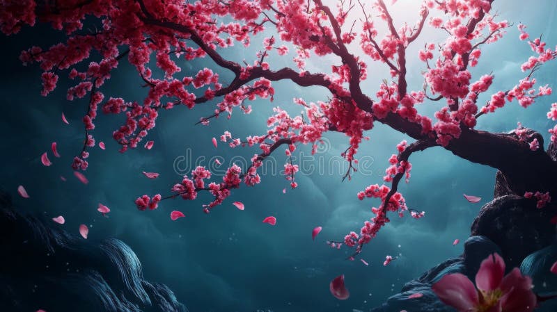 Pink Cherry Blossom Tree at Night Digital Painting Stock Illustration ...