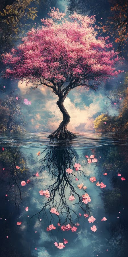 Pink Cherry Blossom Tree Reflection in Water Stock Illustration ...
