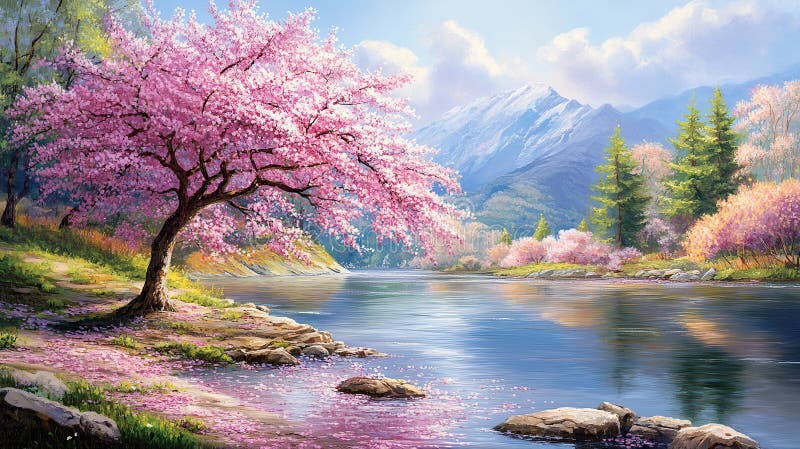 Pink Cherry Blossom Tree River Mountain Spring Scene Stock Illustration ...