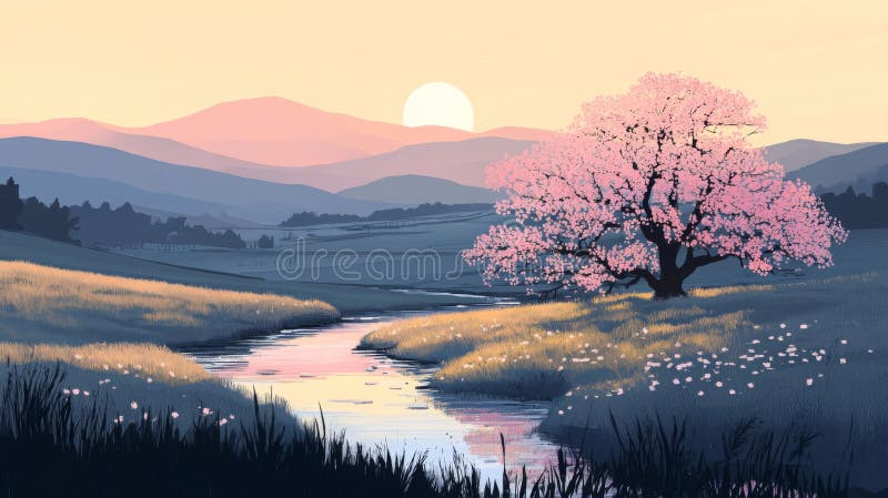 Pink Cherry Blossom Tree by River at Sunset Landscape Stock ...