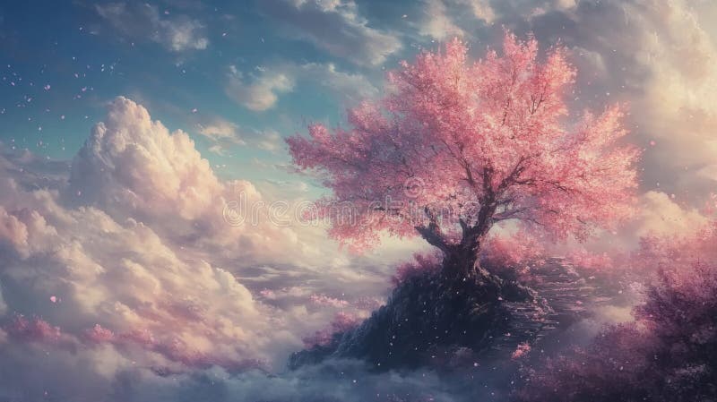 Pink Cherry Blossom Tree in Soft Pastel Cloudscape Stock Illustration ...