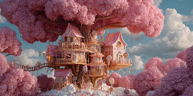 Pink Cherry Blossom Treehouse Fantasy Art Stock Illustration ...