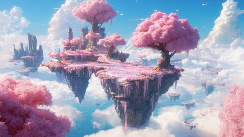 Pink Cherry Blossom Trees on Floating Islands in a Dreamlike Sky Stock ...