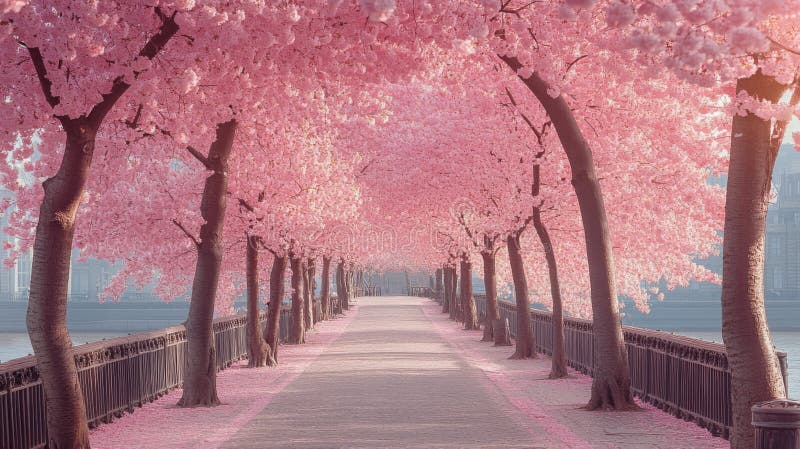 Pink Cherry Blossom Trees Line a Pathway Stock Illustration ...