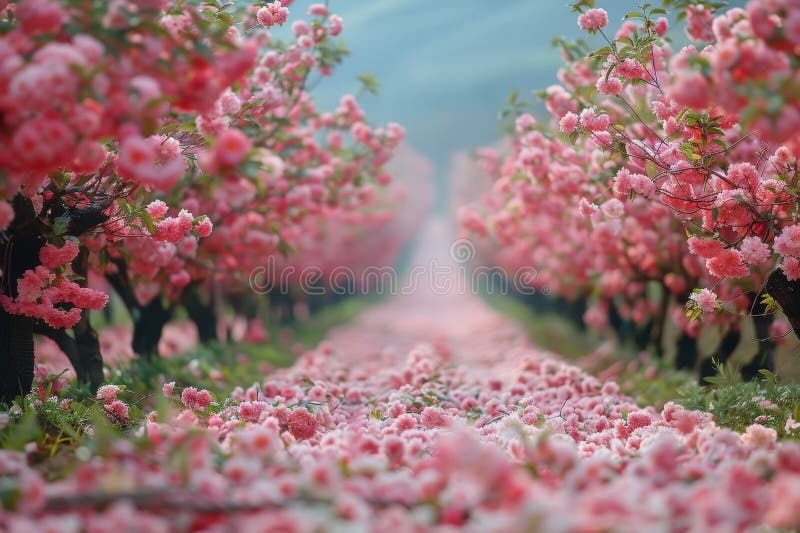 Pink Cherry Blossom Trees Line a Pathway in Spring Stock Photo - Image ...
