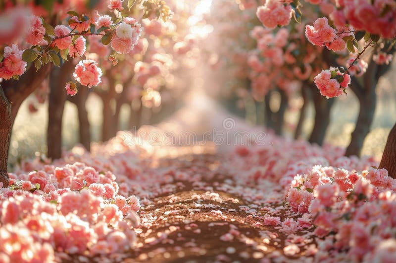 Pink Cherry Blossom Trees Line a Pathway in Spring Stock Image - Image ...